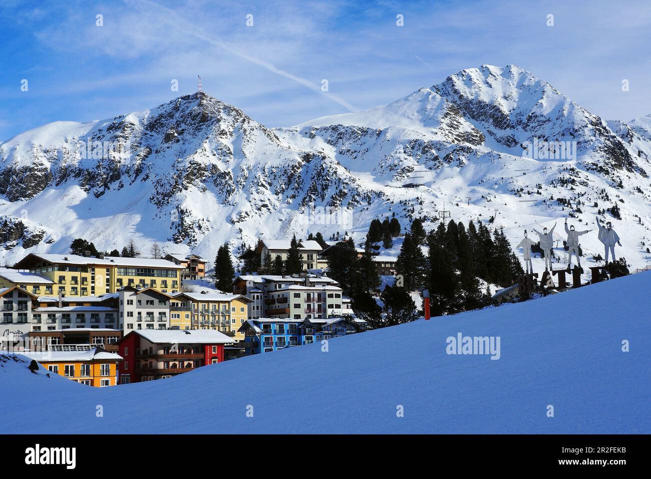 View of Obertauern, ski resort, pass, mountains, snow, skis, lights ...