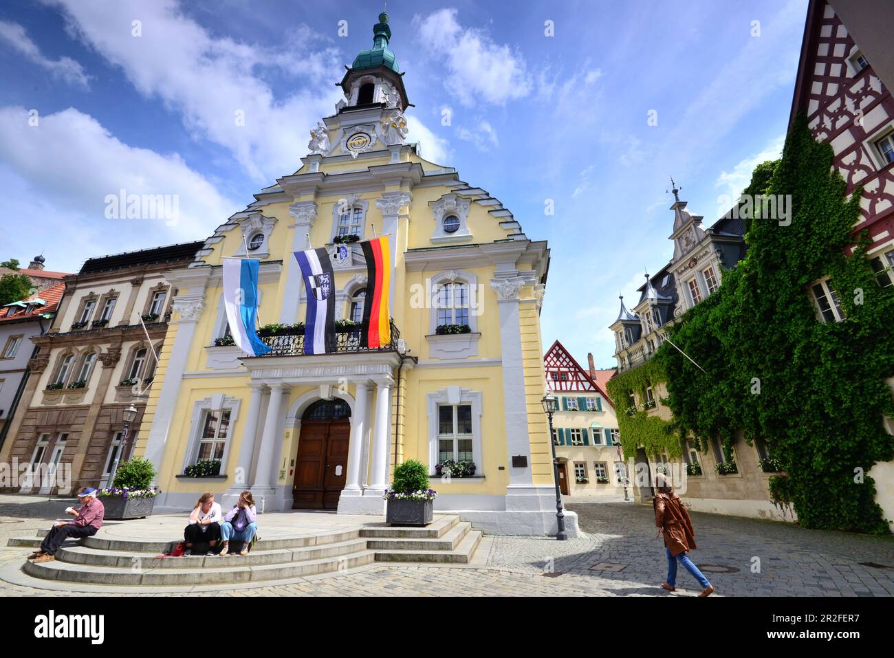 Rathausplatz with town hall, square, flags, Kulmbach, Upper Franconia ...