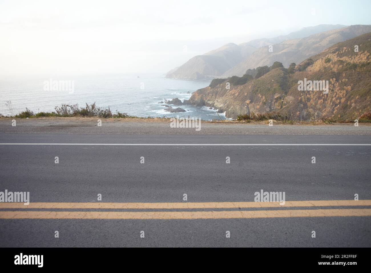 Road surface with median of Highway 1 at Big Sur State Park, California ...