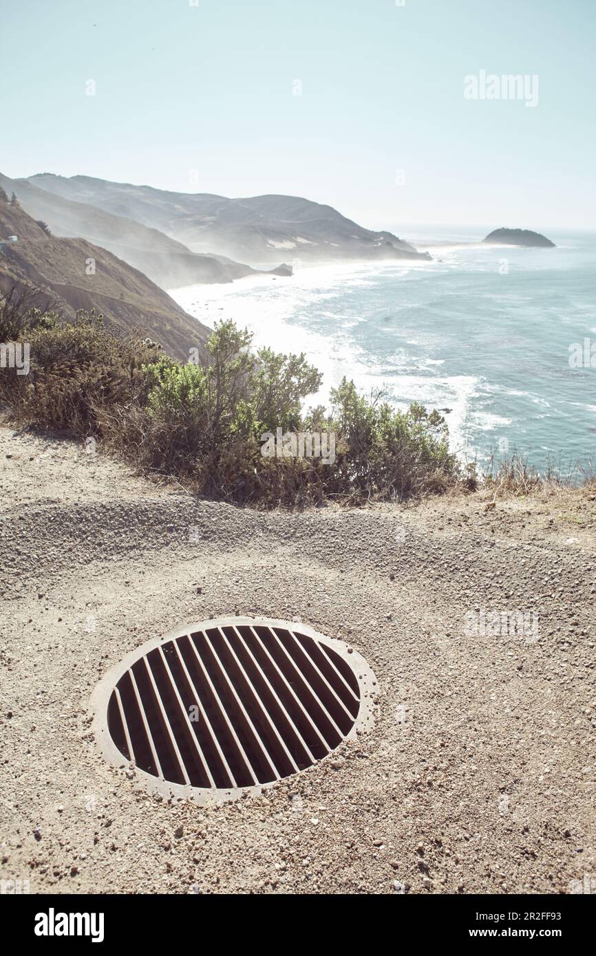 Drain grate on Highway 1 near Big Sur State Park, California, USA Stock ...