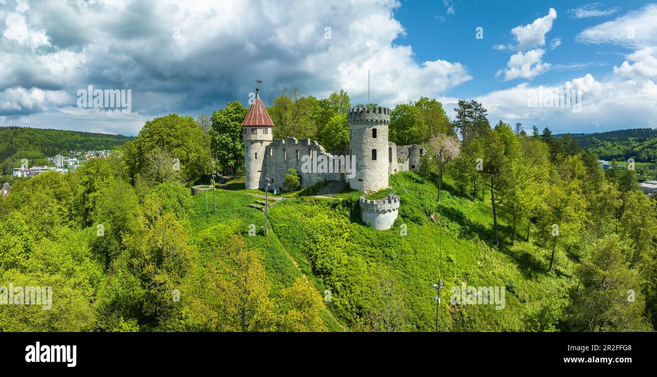 Aerial panorama of the Honburg castle ruins on the Honberg, above the ...