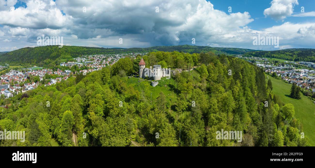 Aerial panorama of the Honburg castle ruins on the Honberg, above the ...