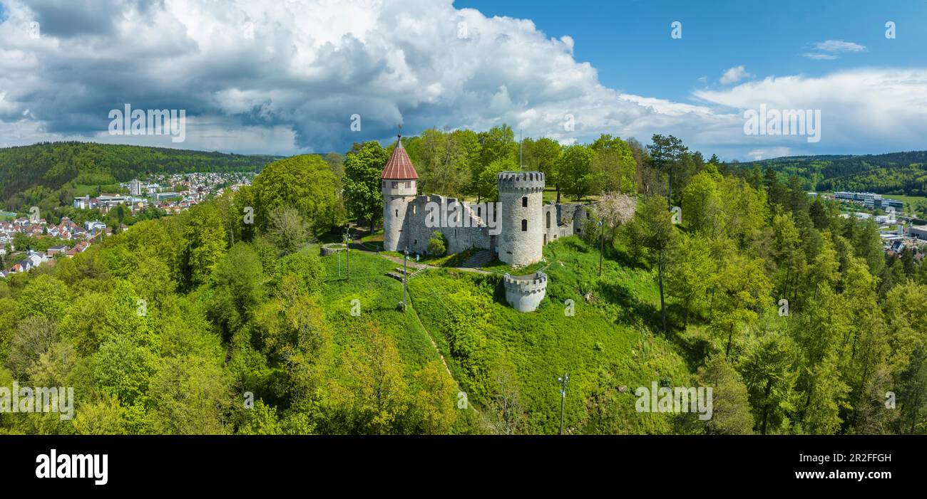 Aerial panorama of the Honburg castle ruins on the Honberg, above the ...