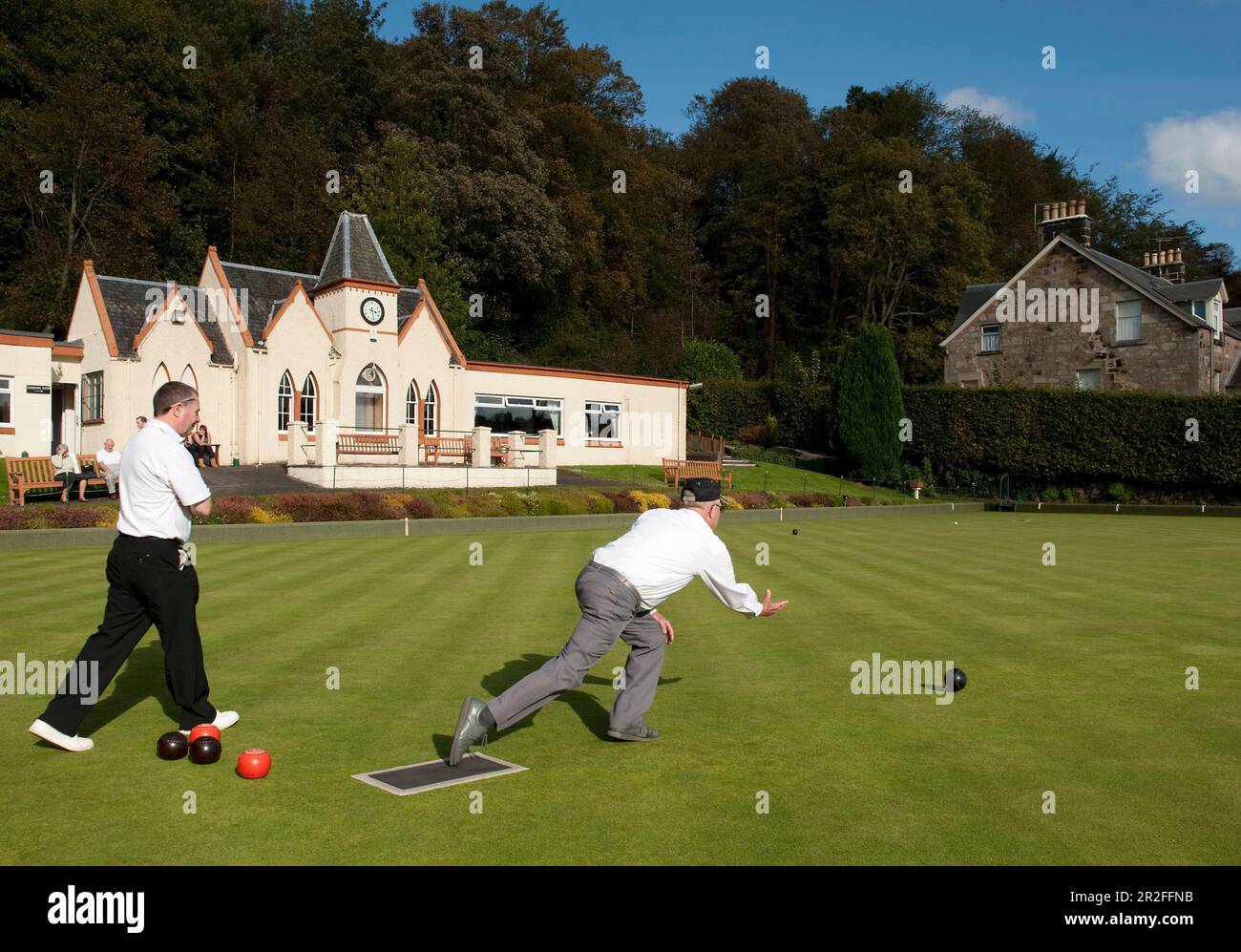 Bowls in play in front of the pavilion of the Stirling lawn bowling ...