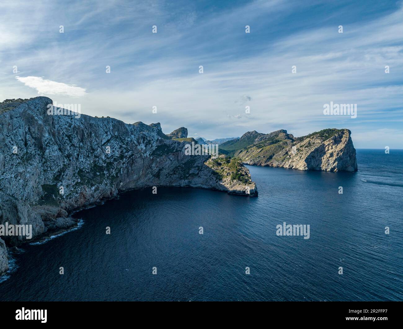 Flight past rocky cliffs and sea, Cap Formentor, coastal landscape ...