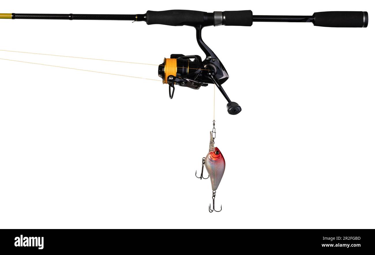 Spinning rod, reel and fishing baits isolated on white background Stock ...