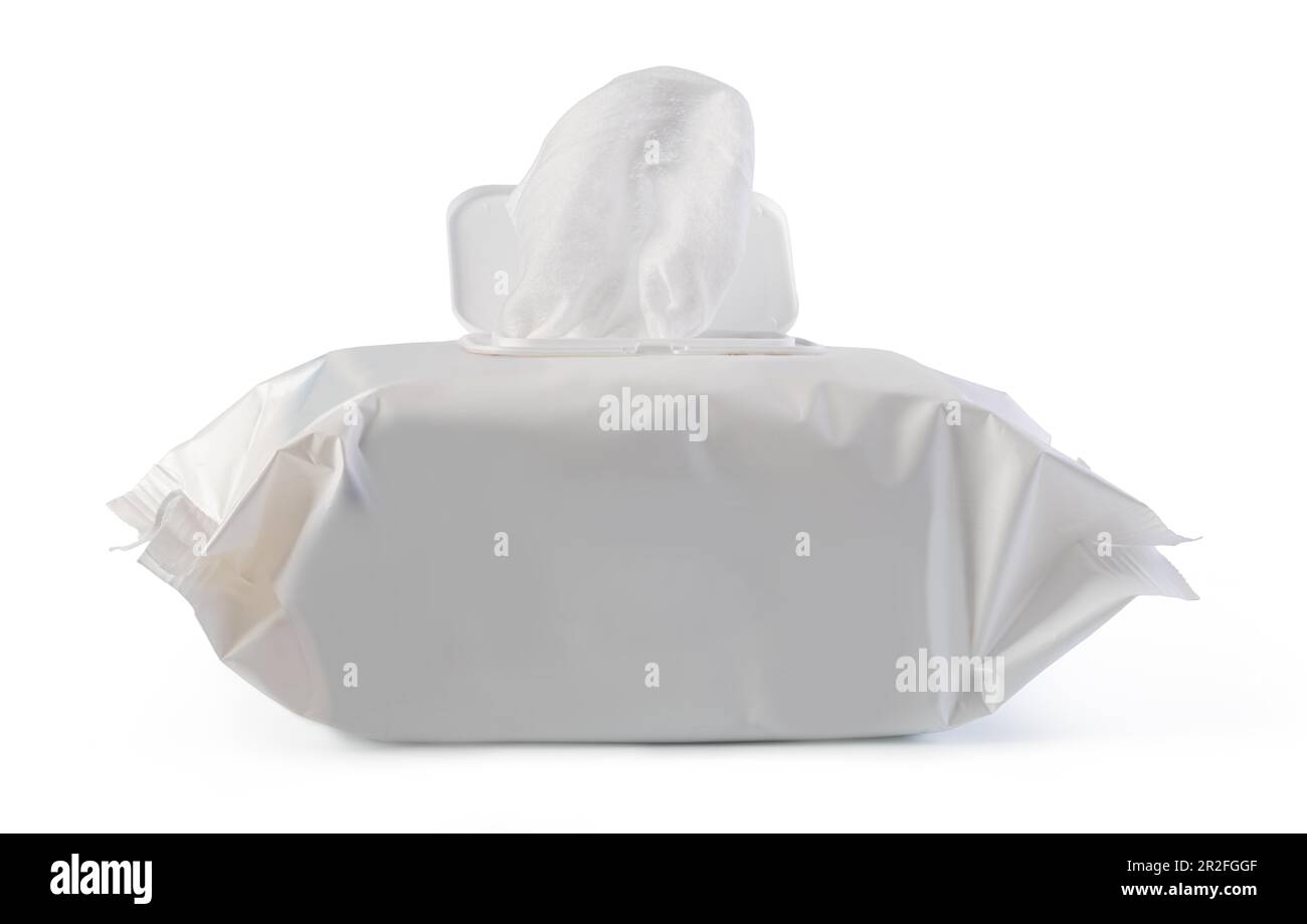 Open wet wipes flow pack, isolated on white background Stock Photo - Alamy