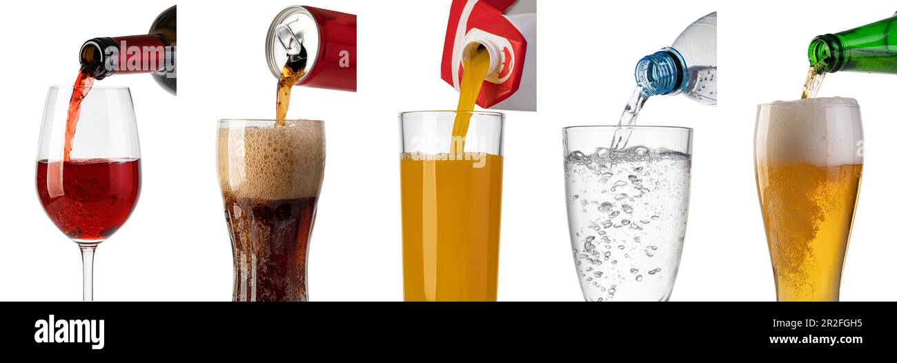 Pouring beverages from bottle into glass isolated on a white background ...