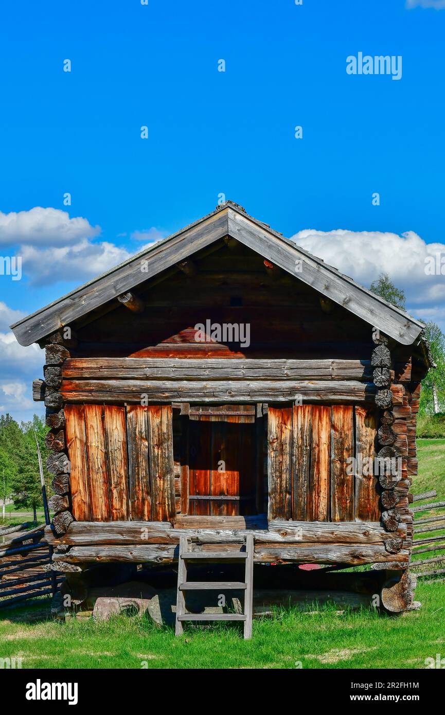 A traditionally built wooden hut with a ladder in the museum village in ...