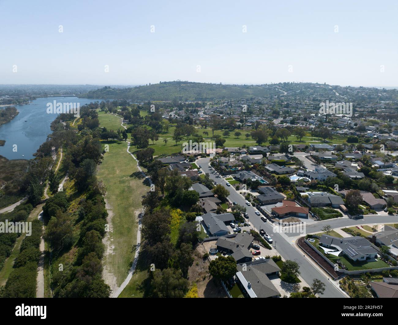 Aerial view of house around Lake Murray reservoir in San Diego ...