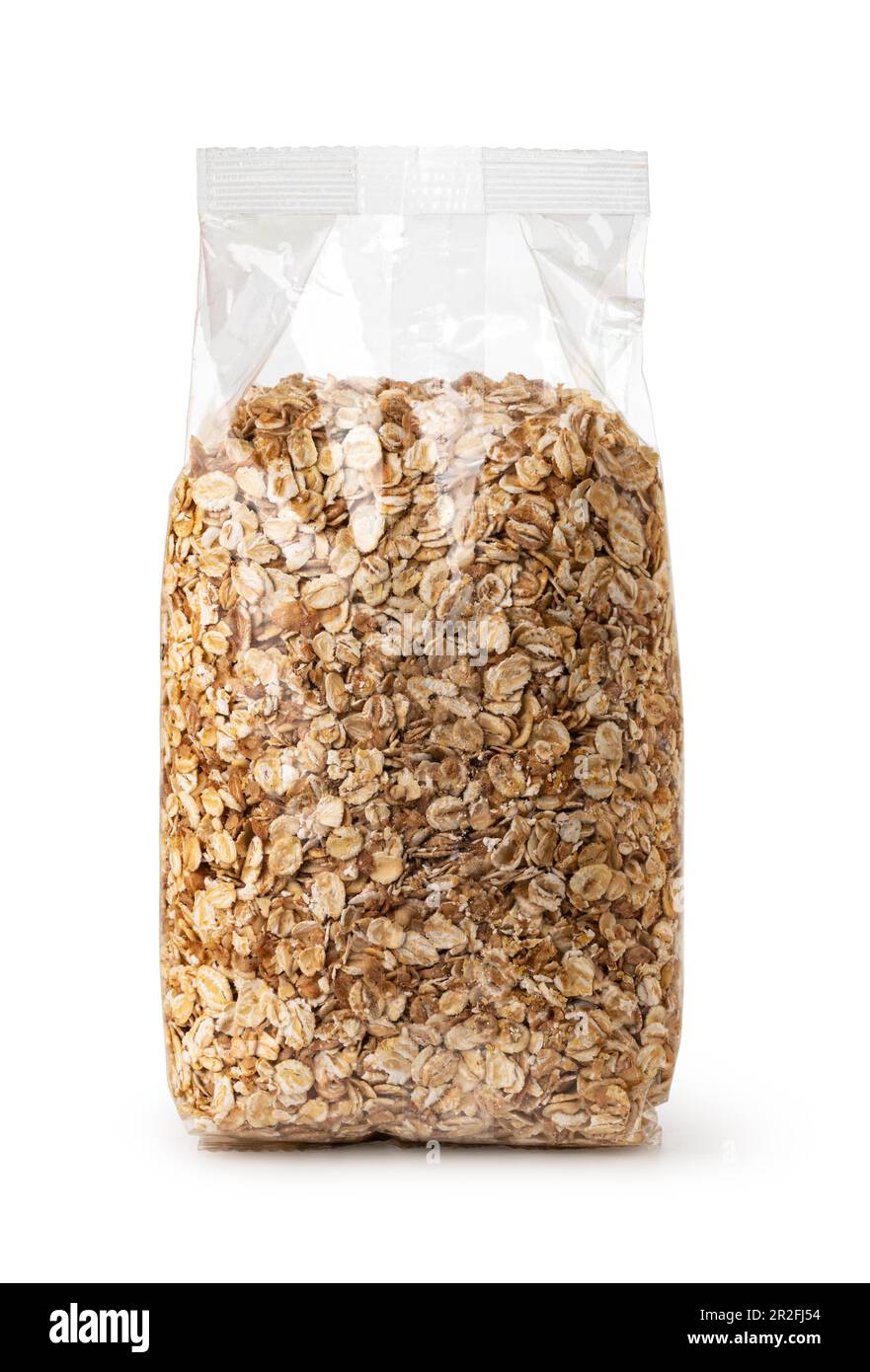 Plastic transparent bags with Oat flakes. isolated on white background ...