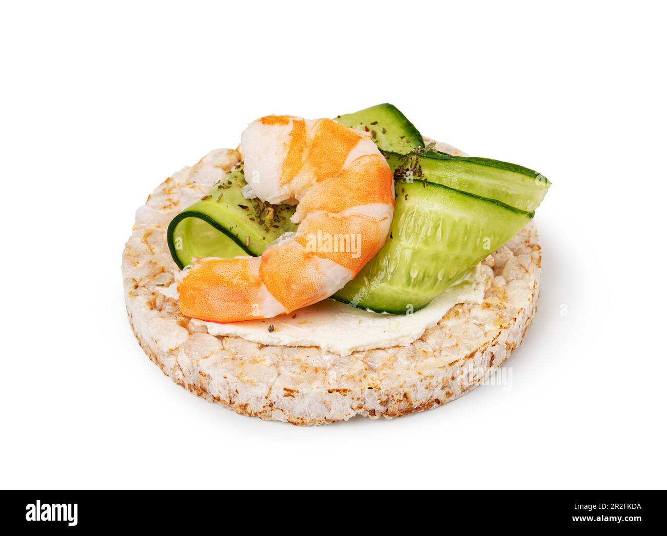 Rice cakes with cream cheese, shrimp and cucumber. isolated on white ...