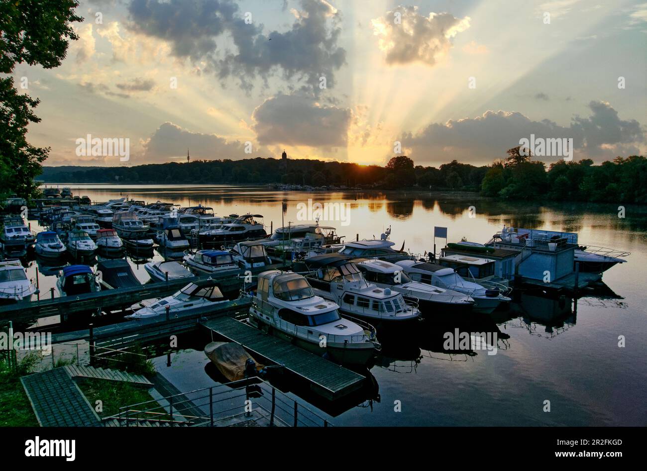 Marina at Tiefen See, Flatow Tower in Babelsberger Park, Potsdam ...