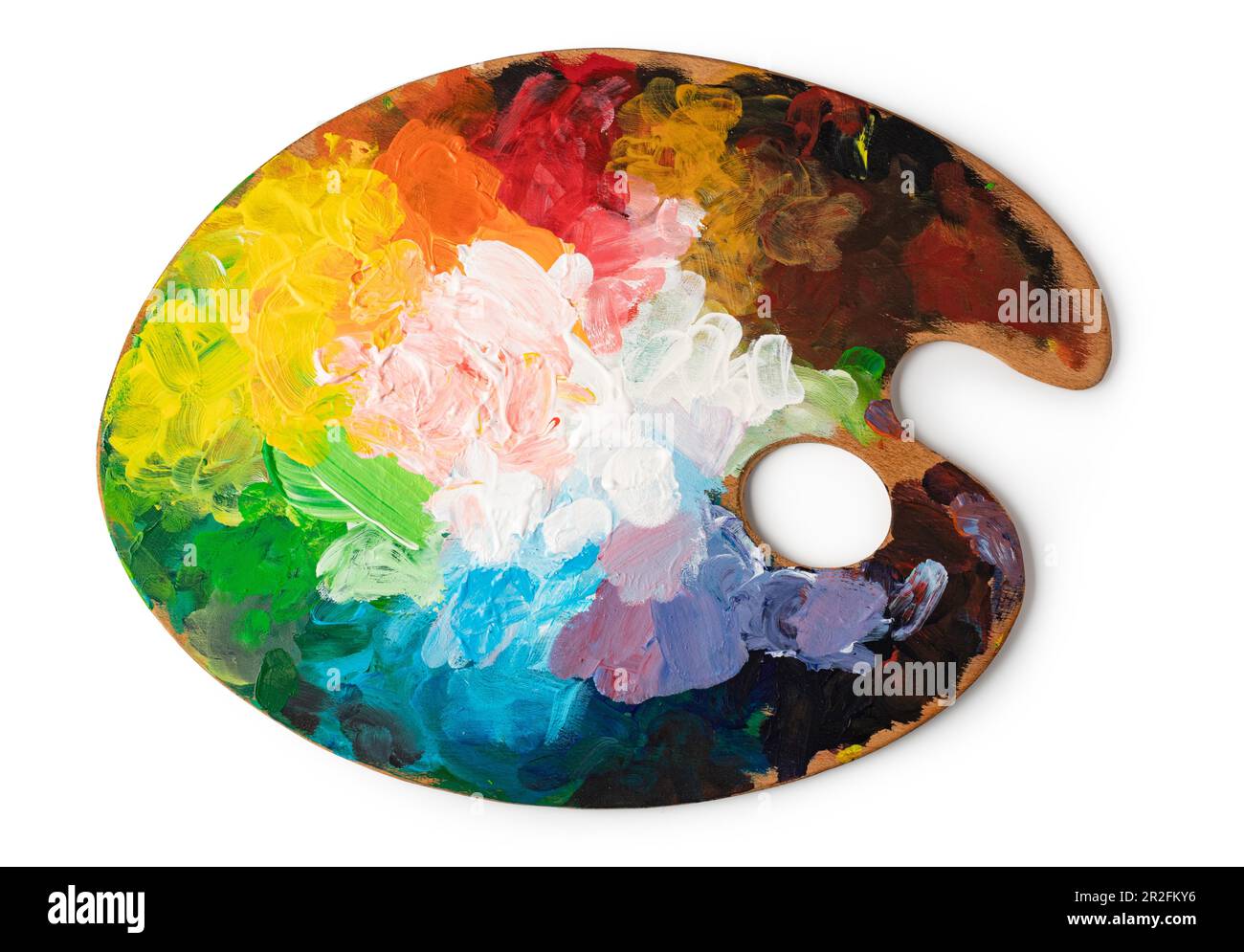 art palette with colorful mixed paints isolated over white background ...