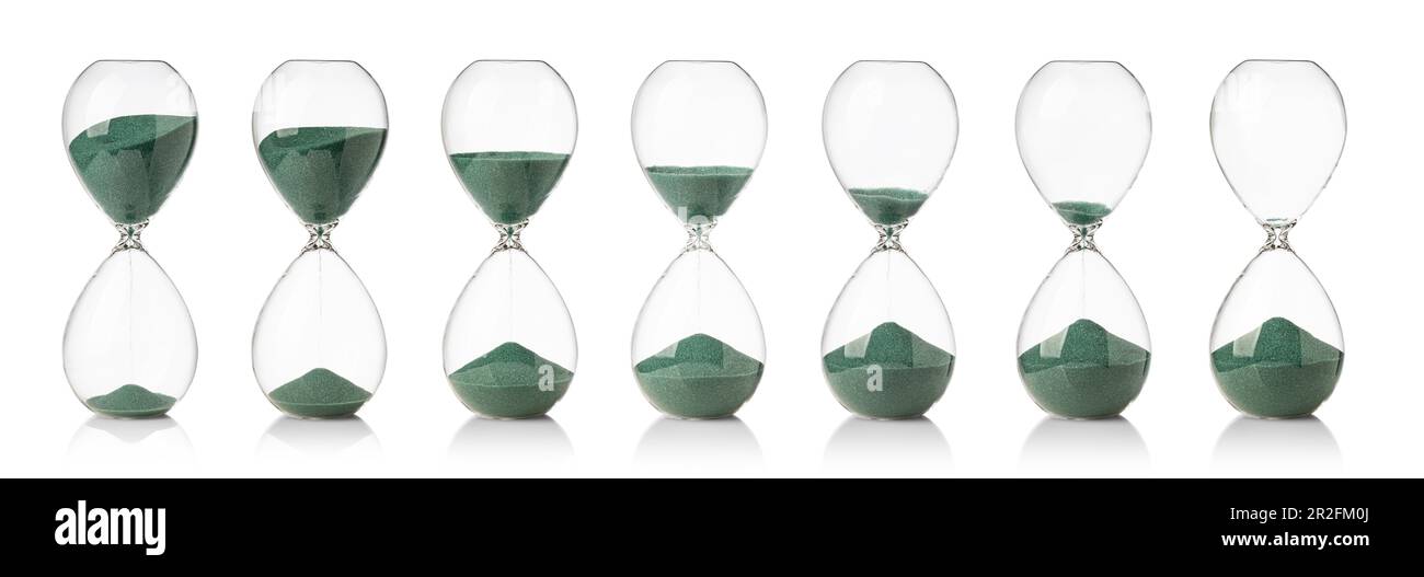 Collection of hourglasses with green sand on white background Stock ...