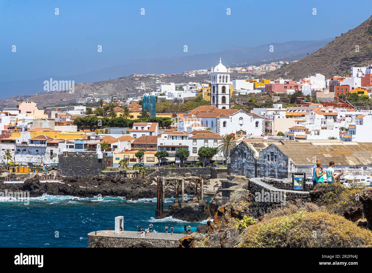 View of popular port town Garachico from lookout point, Tenerife, Spain ...