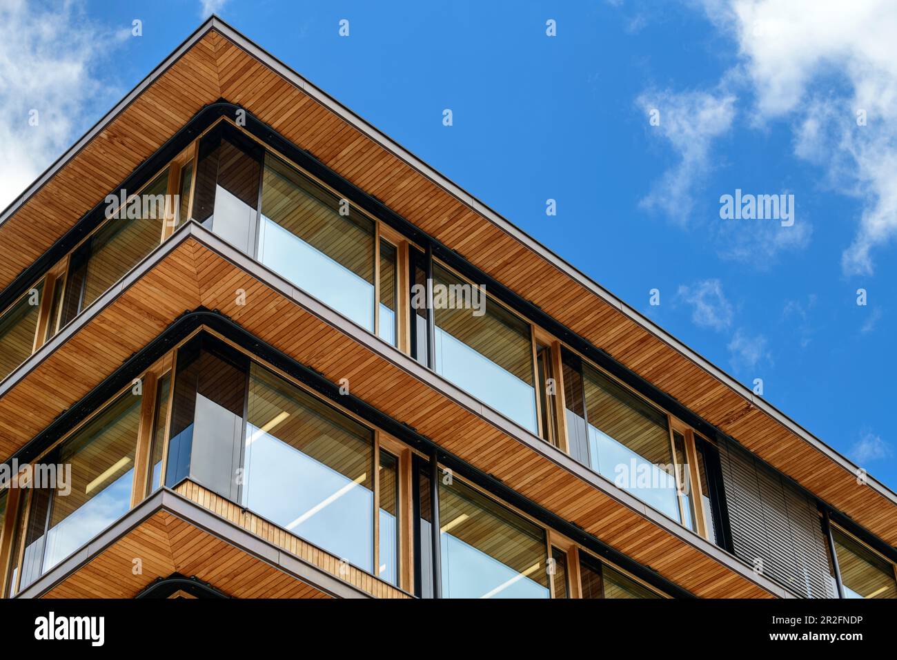 Wood and glass facade of the Illwerke power station near Vandans ...