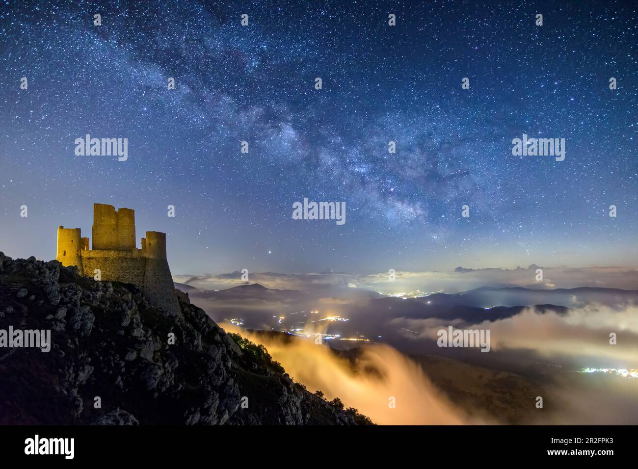 Starry sky with Milky Way over illuminated Rocca Calascio Castle, Rocca ...