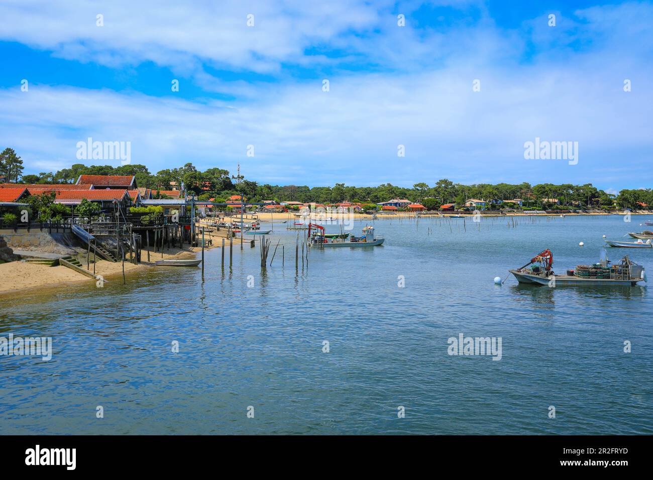 View of oyster-farming ports and villages with blue sky in Cap-Ferret ...