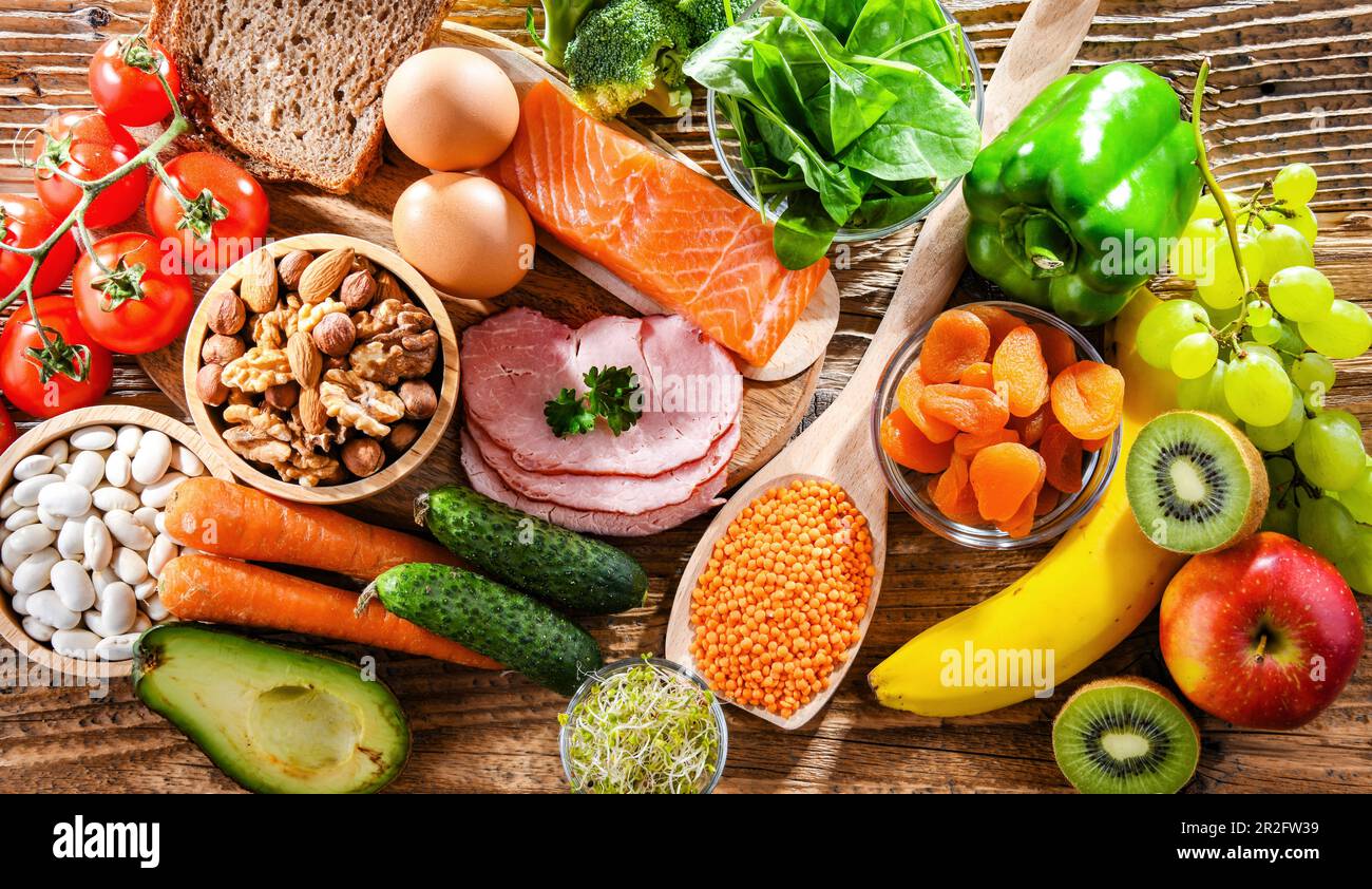 Balanced diet healthy food products hi-res stock photography and images ...