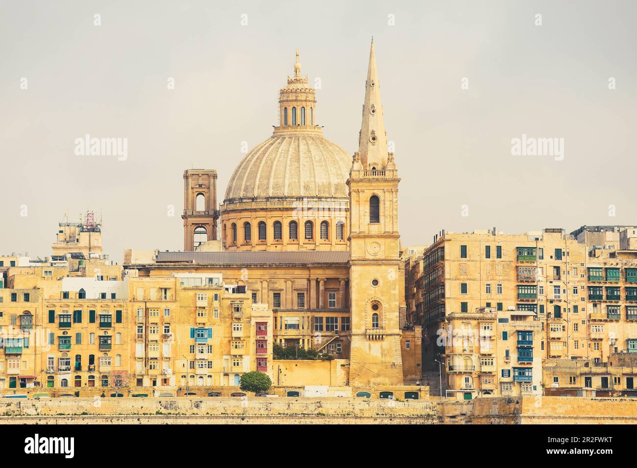 Malta, Valletta, traditional house building facade and basilica of Our ...