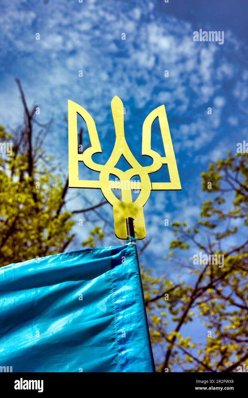 Trysub, trident, national symbol of Ukraine, opposite the Russian ...