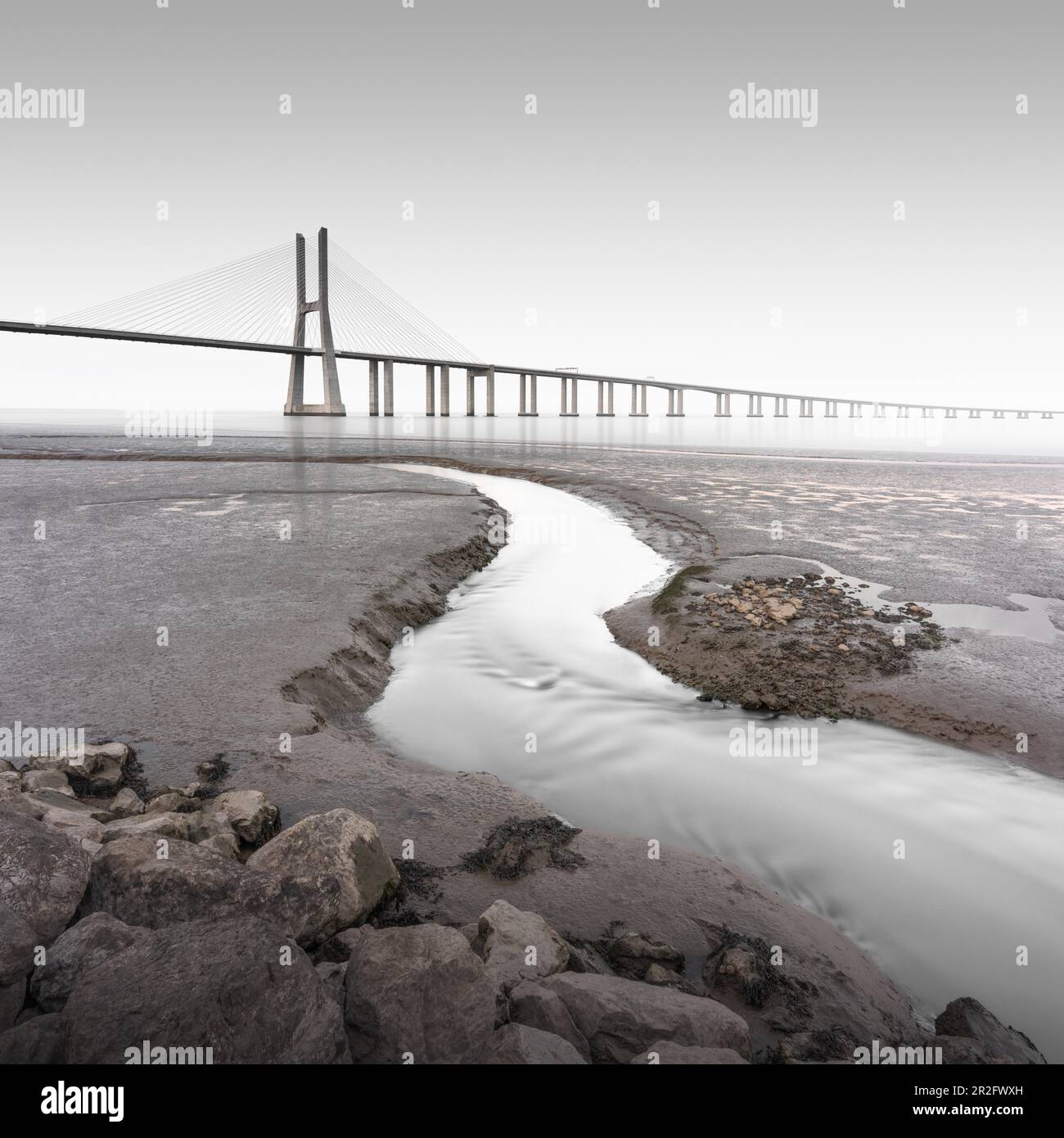 Long exposure of the famous bridge Ponte Vasco da Gama at low tide on ...