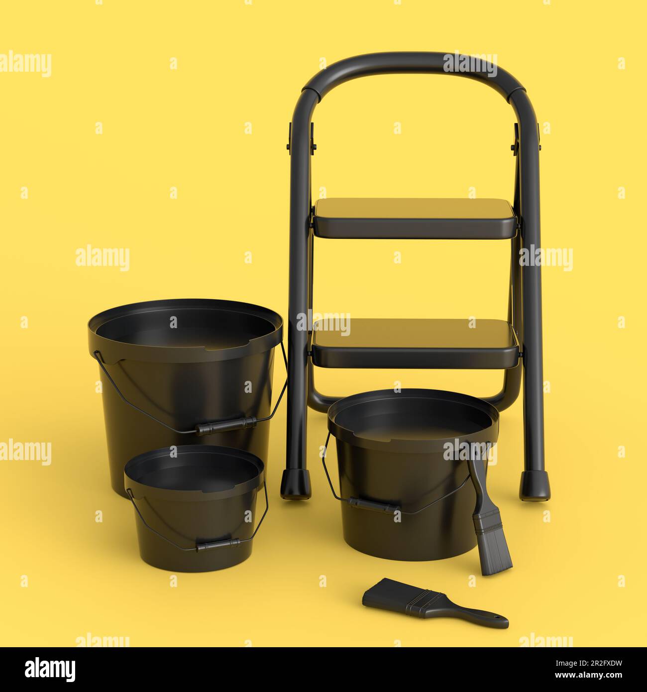 Set of folding ladder, bucket with paint rollers and brushes for ...