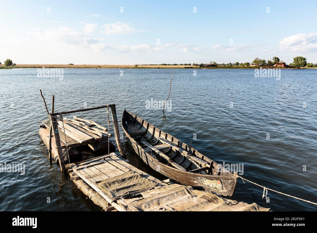 Wooden fishing rowboat in the Danube Delta, Mila 23, Tulcea, Romania ...
