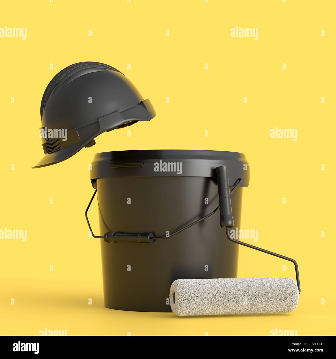 Set of safety helmet, bucket with paint rollers and brushes for ...