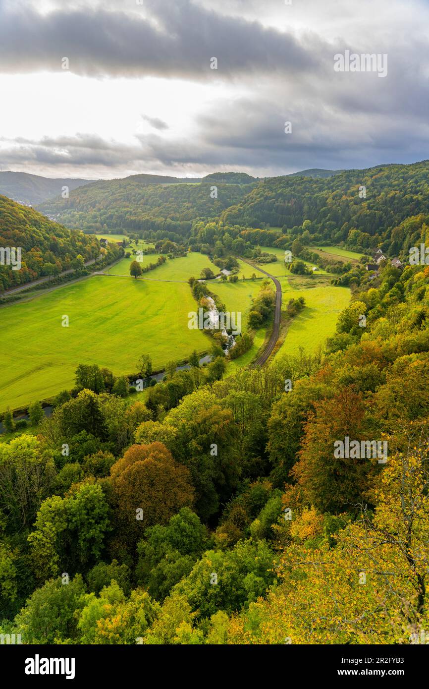 View from the castle ruin Neideck into the Wiesent valley, Franconia ...