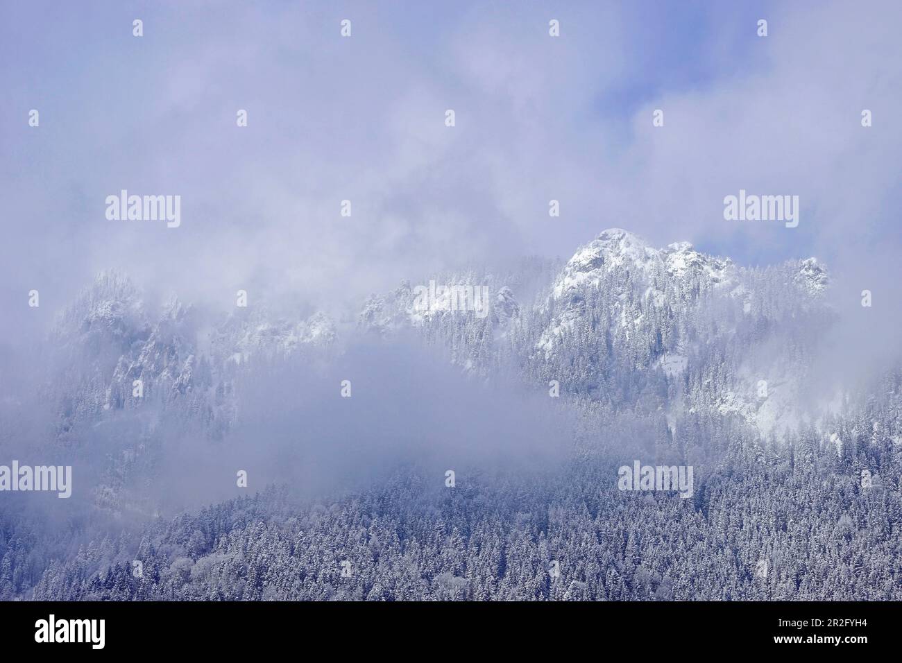 The Laber enveloped by clouds in winter, Ettal, Bavaria, Germany Stock ...