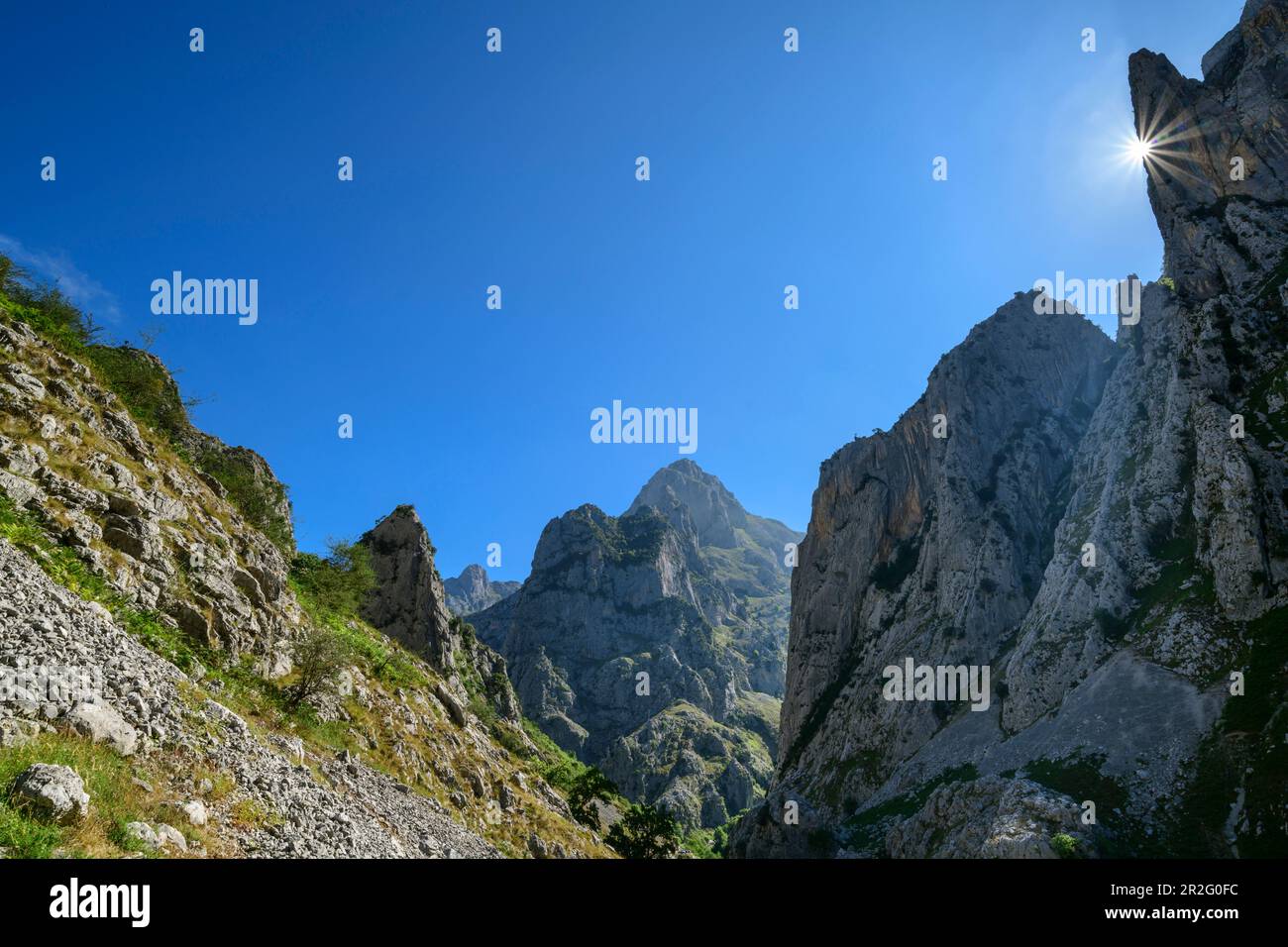Rock towers limit the Ruta del Cares Gorge, Cares Gorge, Picos de ...