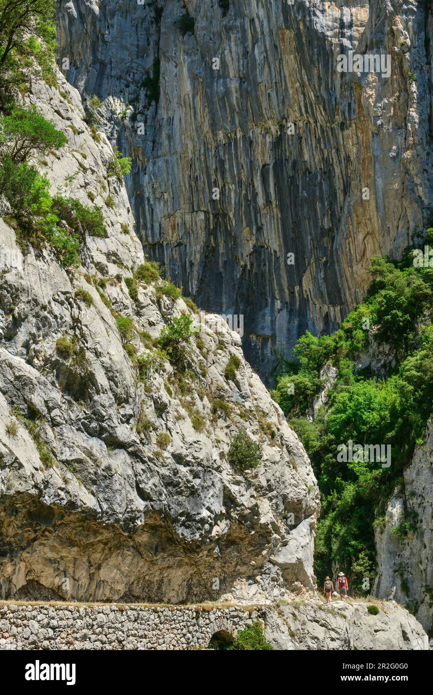 Two people hiking through the Ruta del Cares Gorge, Cares Gorge, Picos ...