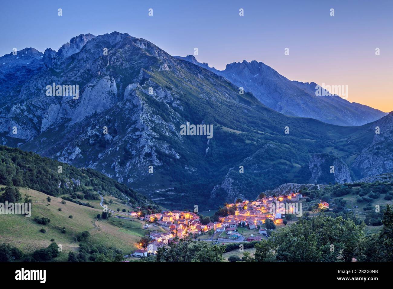 Illuminated place Sotres with Picos de Europa in the background, Sotres, Picos de Europa, Picos ...
