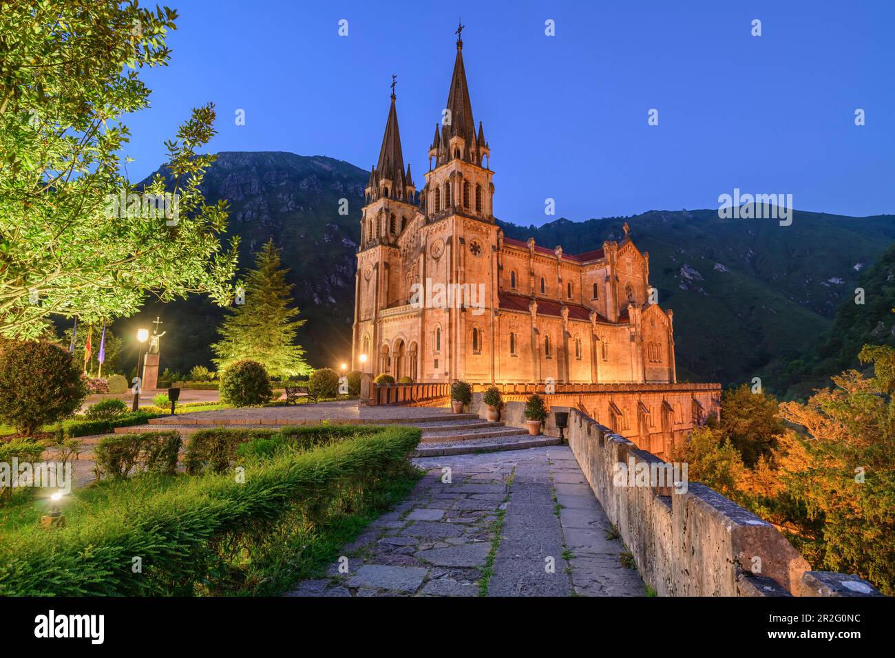 Illuminated Basilica of Covadonga, Covadonga, Picos de Europa, Picos de ...