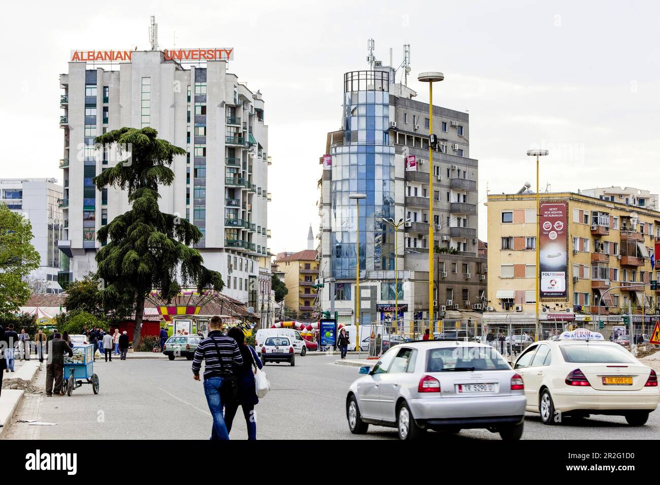 City view, high-rise buildings with street traffic, Tirana, Albania ...