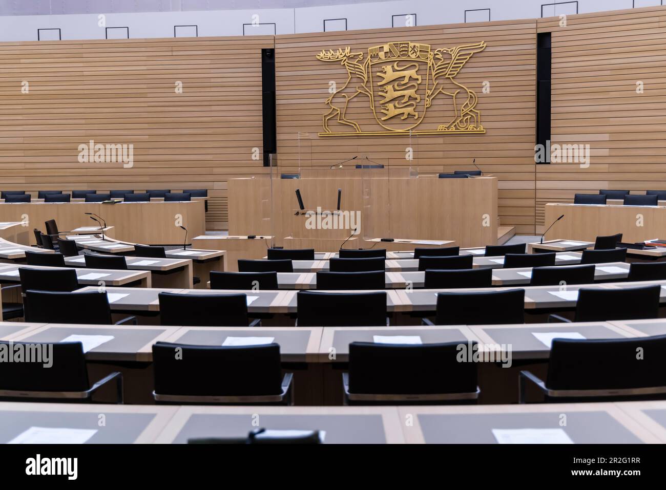 State parliament of Baden-Wuerttemberg, empty plenary hall, state coat ...