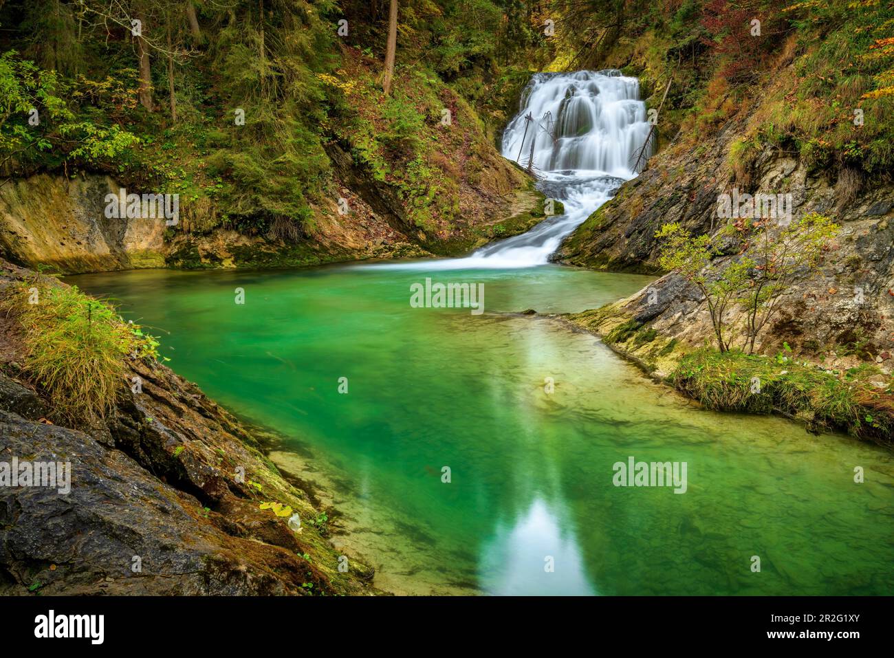 The waterfall on the Obernach Canal near Wallgau, Upper Bavaria ...