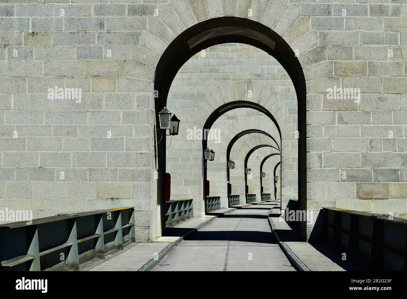 Arches and walls in a barrage and bridge over the Danube, Maierhof ...