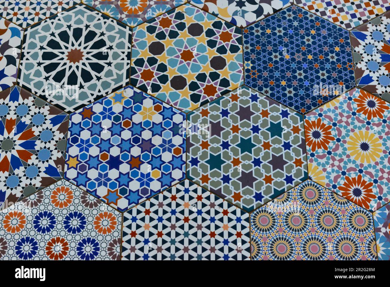 Colorfully decorated tile pattern on the floor of a hotel, Denia, Spain ...