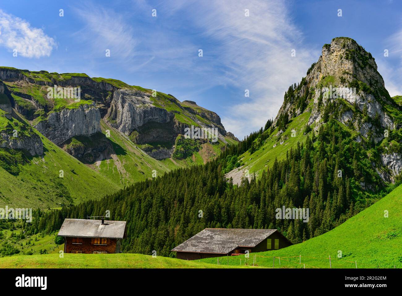 Mountain huts and panorama at Gitschenen, near Isenthal, Switzerland ...