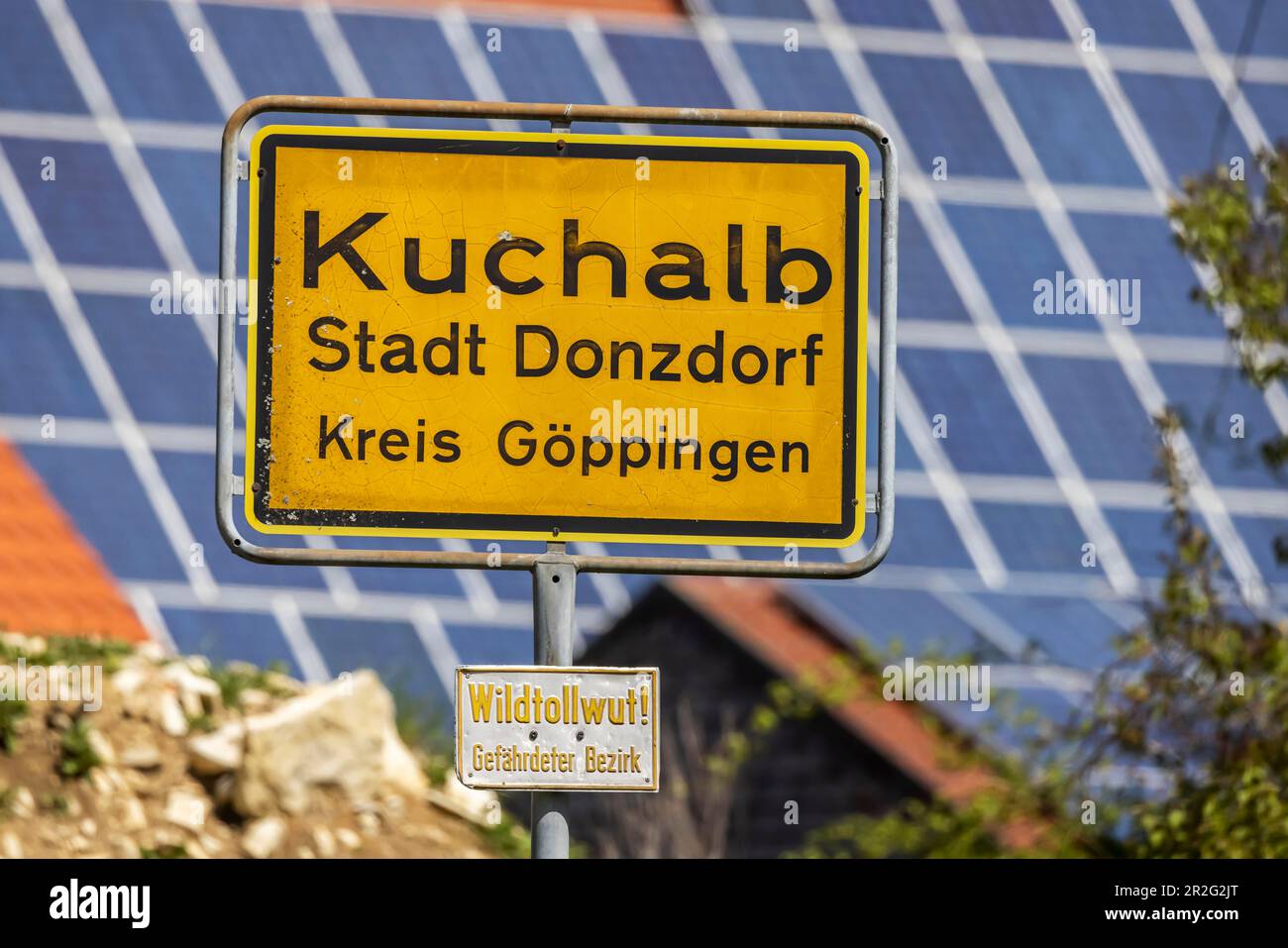 Place-name sign Kuchalb, sign wild rabies, endangered district ...