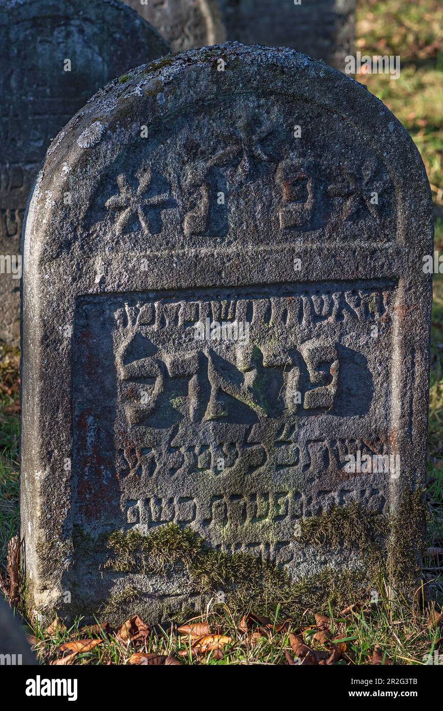 Jewish gravestone with symbols, historical Jewish cemetery, this burial ...