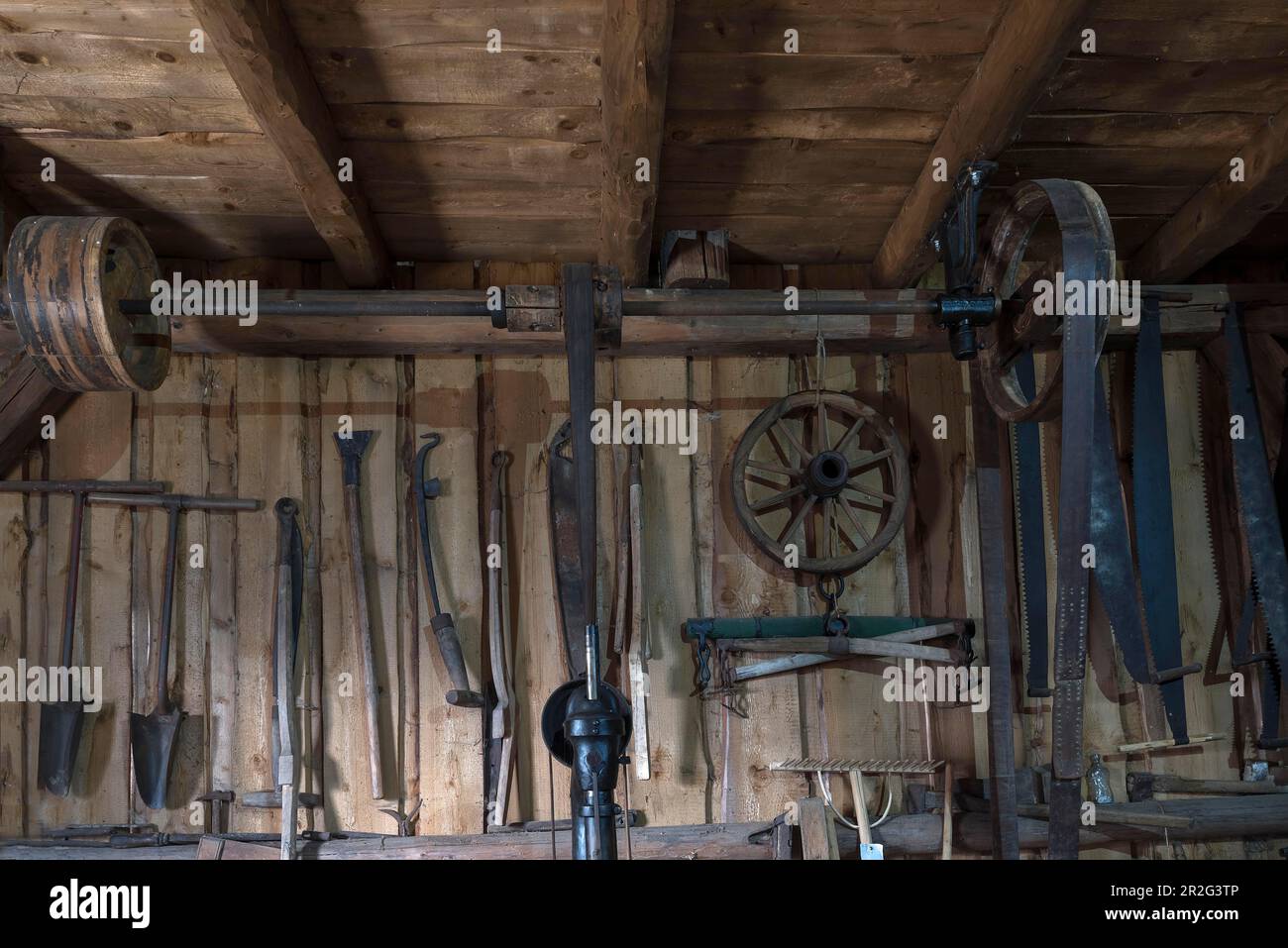 Transmission in an old carpenter's workshop, agricultural museum, Upper ...