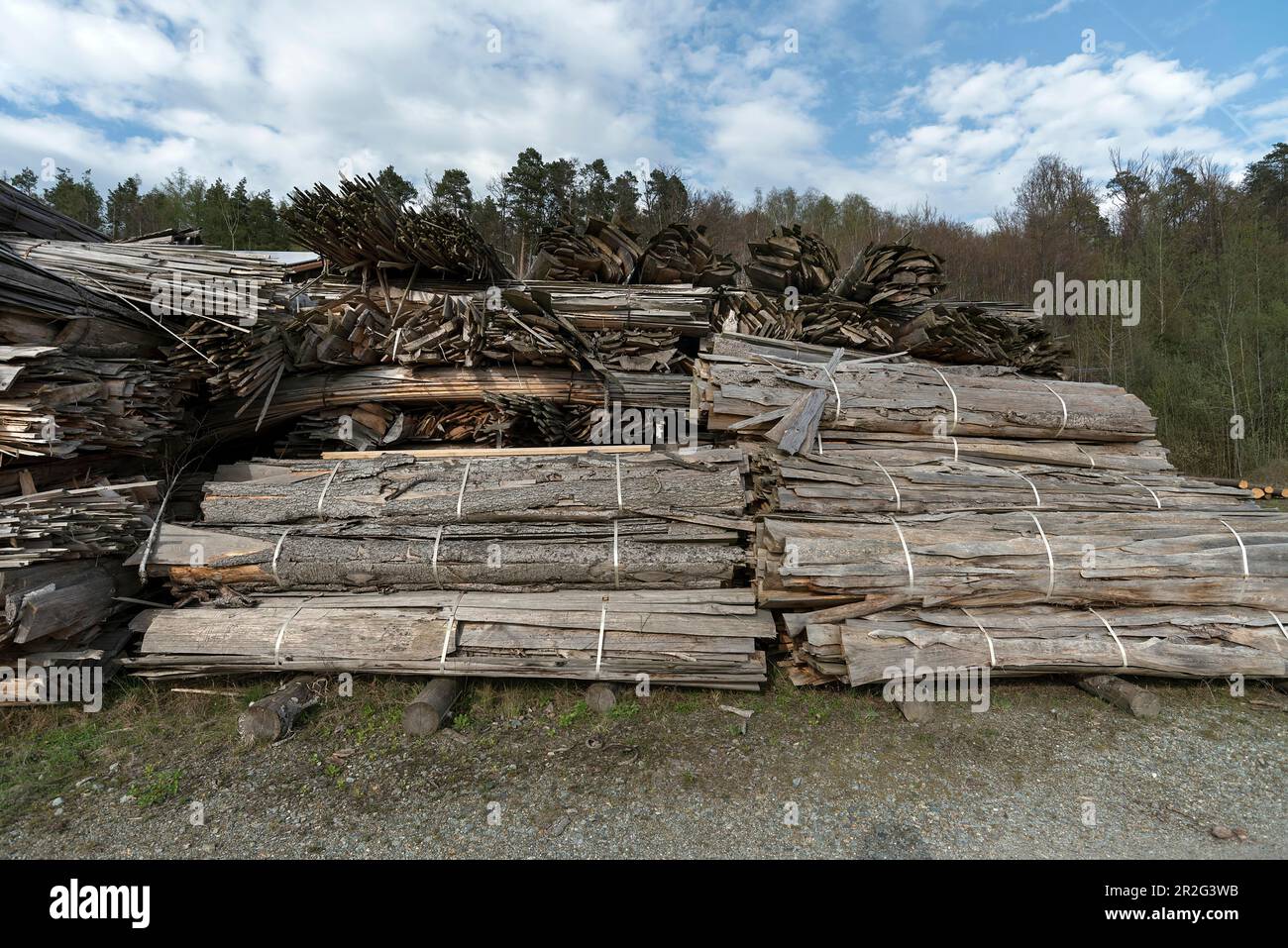 Stacked slabs from a sawmill, waste wood for wood chips, Upper ...