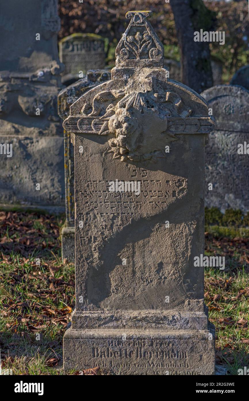 Jewish symbols on a gravestone, historical Jewish cemetery, this burial ...