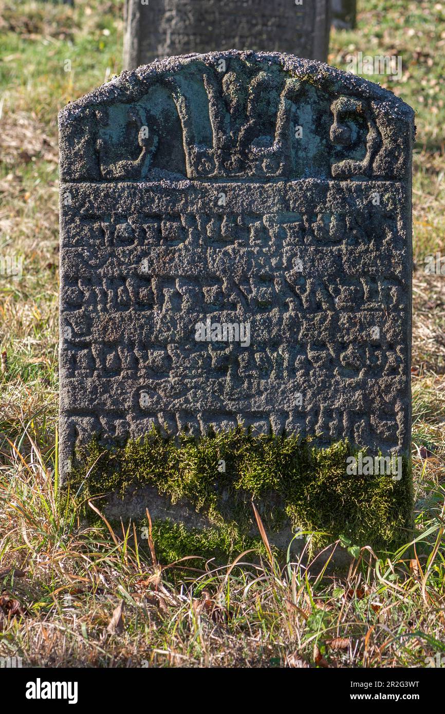 Jewish symbols on a gravestone, historical Jewish cemetery, this burial ...