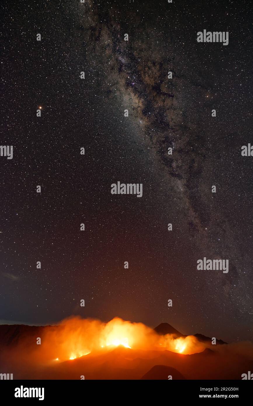 Glowing lava at Gunung Bromo volcano, Java Island, Indonesia, Southeast ...