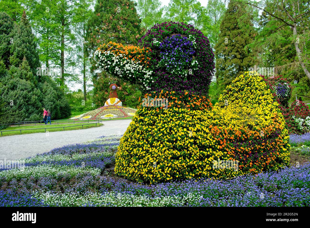 Duck and peacock, flower sculpture, Mainau Island, Constance, Lake ...